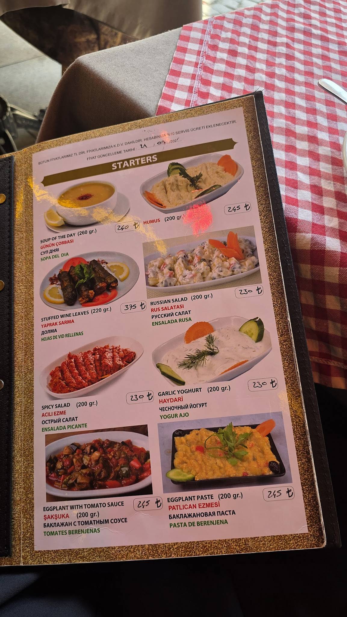 Carta de Las Tapas fish and kebap Restaurant, Estambul