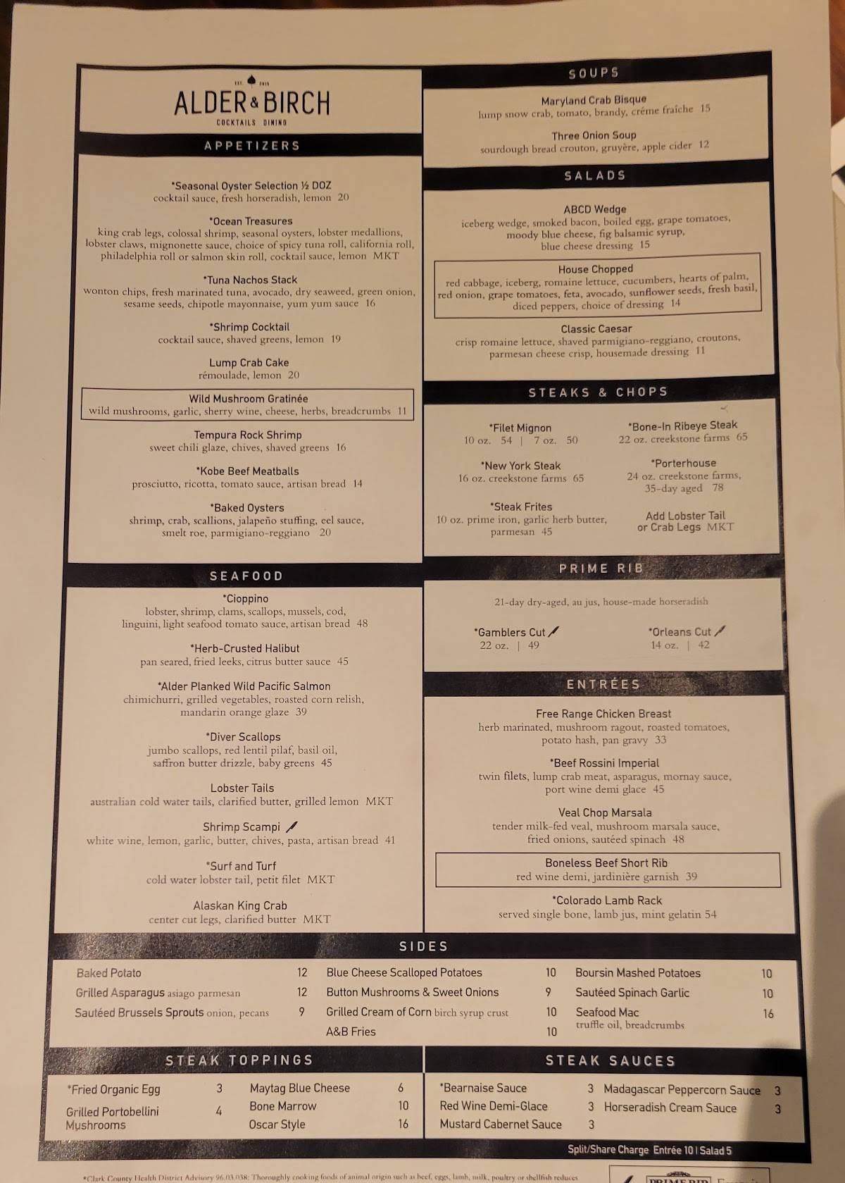 Menu at Alder & Birch pub & bar, Las Vegas