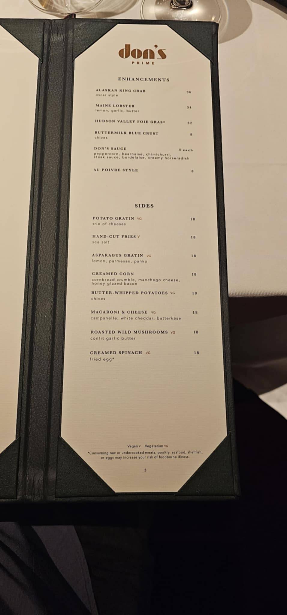 Menu at Don's Prime steakhouse, Las Vegas