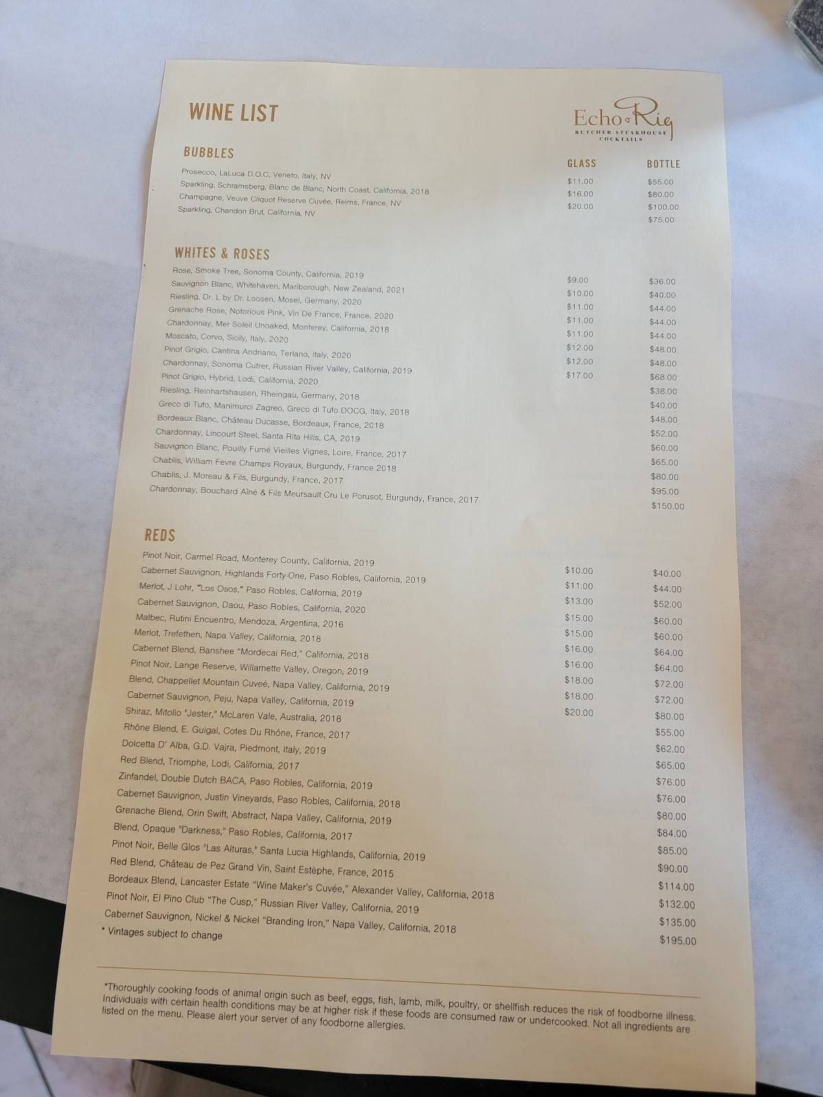 Menu at Echo & Rig steakhouse, Las Vegas