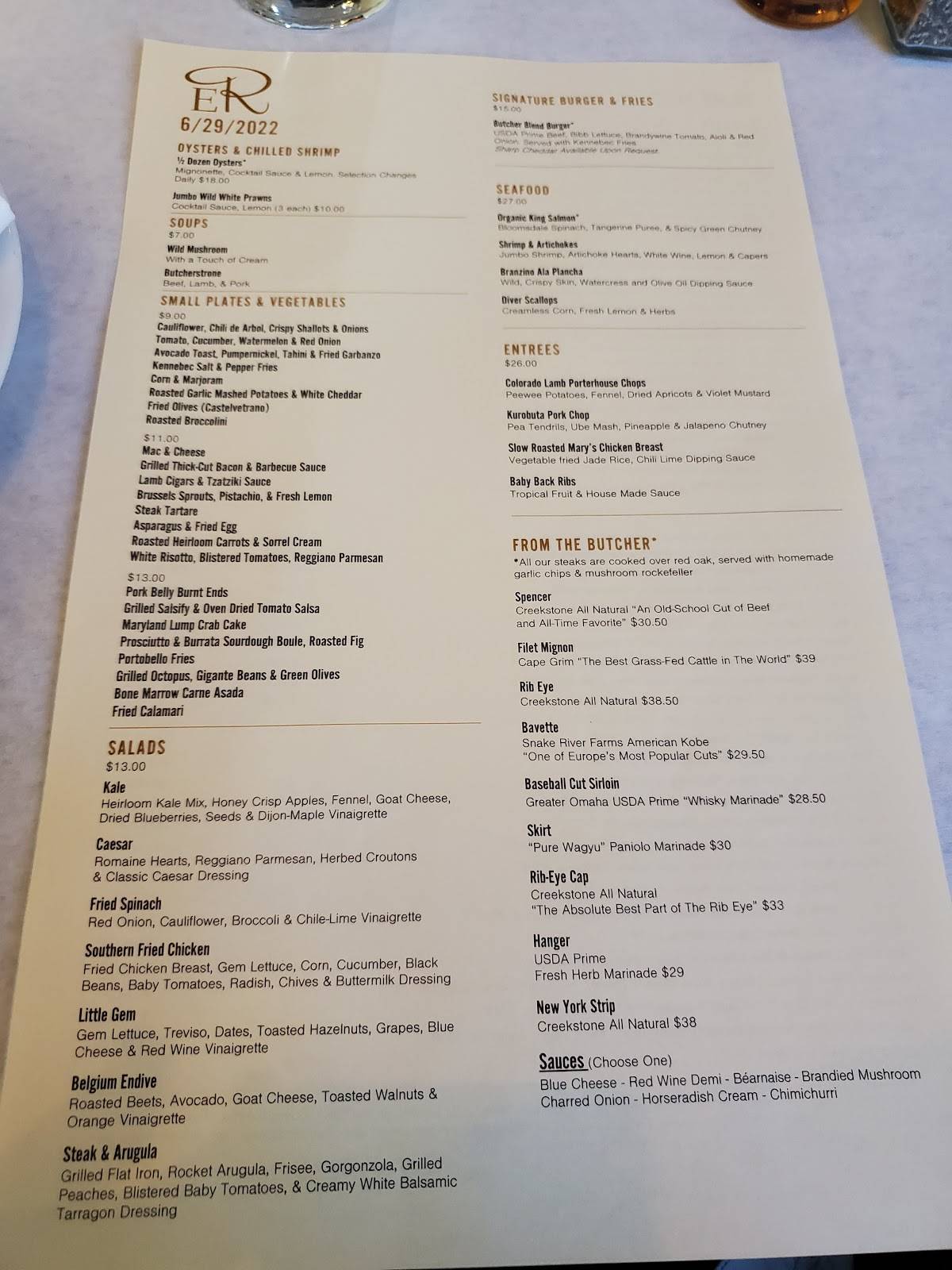 Menu at Echo & Rig steakhouse, Las Vegas