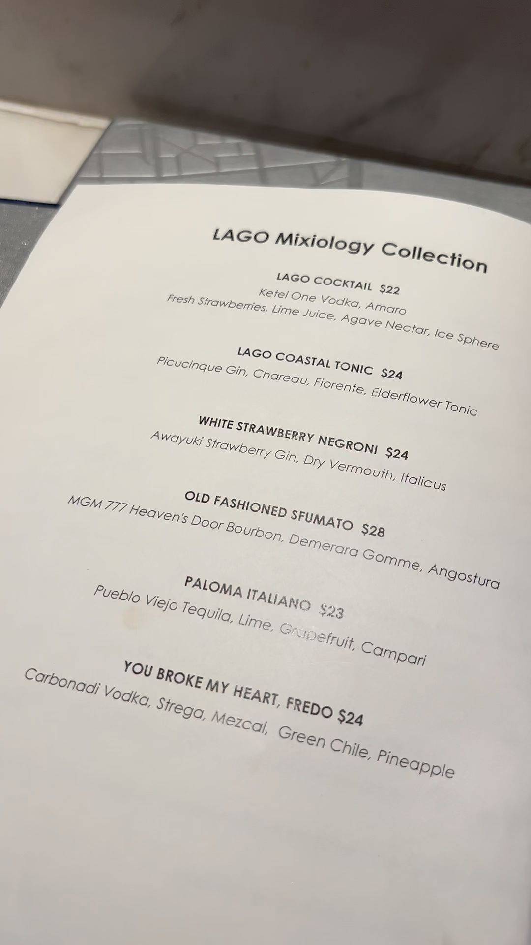 Menu at Lago restaurant, Las Vegas, 3600 S Las Vegas Blvd