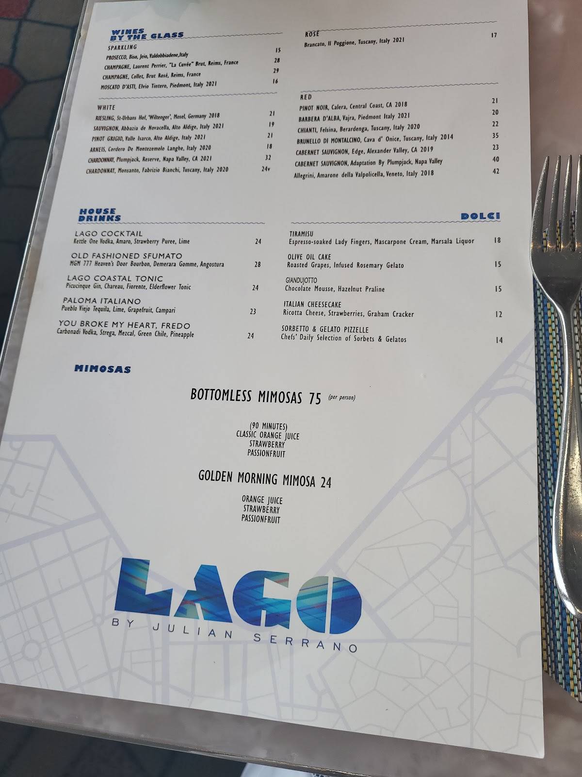 Menu at Lago restaurant, Las Vegas, 3600 S Las Vegas Blvd