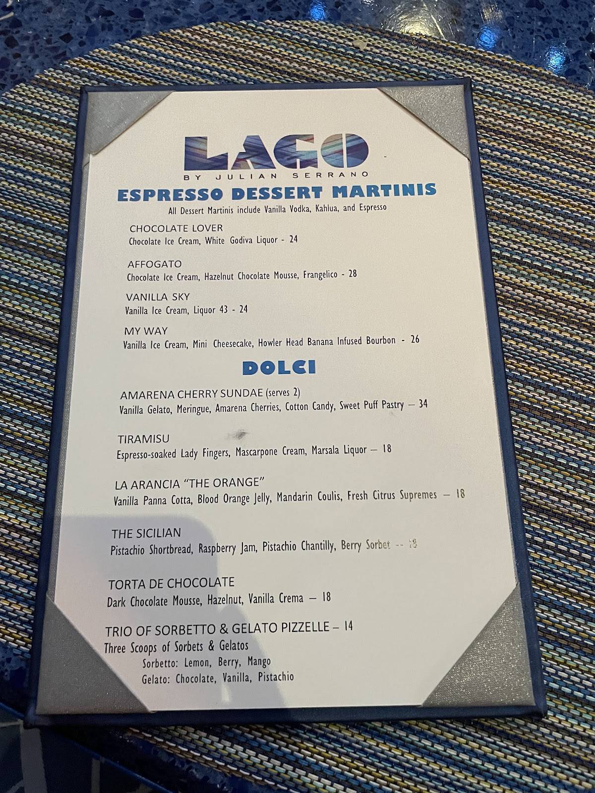 Menu at Lago restaurant, Las Vegas, 3600 S Las Vegas Blvd