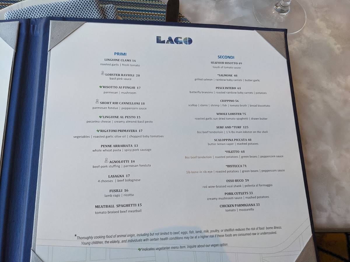 Menu at Lago restaurant, Las Vegas, 3600 S Las Vegas Blvd