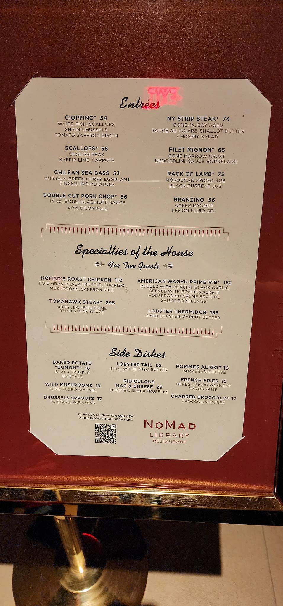 Menu at NoMad Library Restaurant, Las Vegas