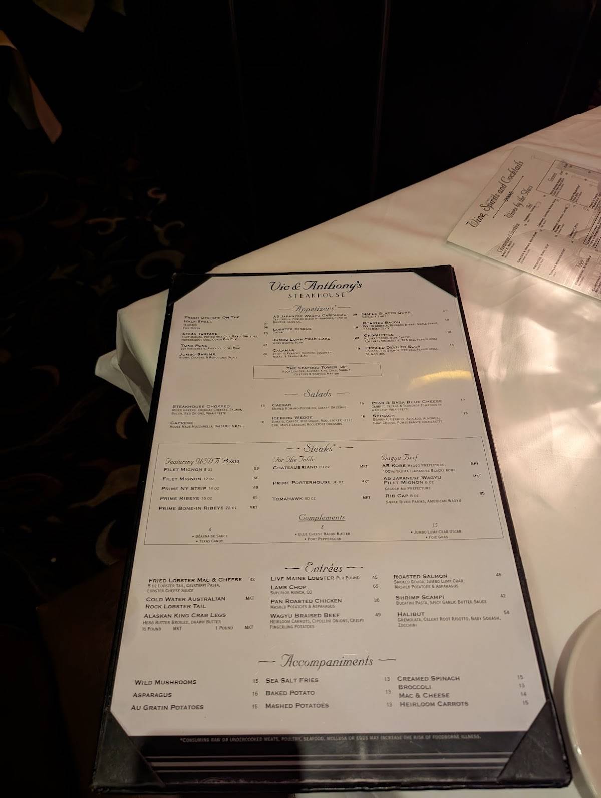 Menu at Vic & Anthony's Steakhouse, Las Vegas