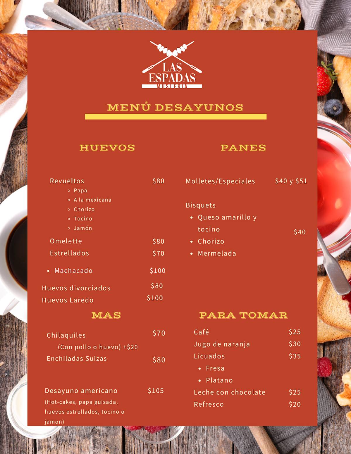 Carta del restaurante Las espadas, Nuevo Laredo