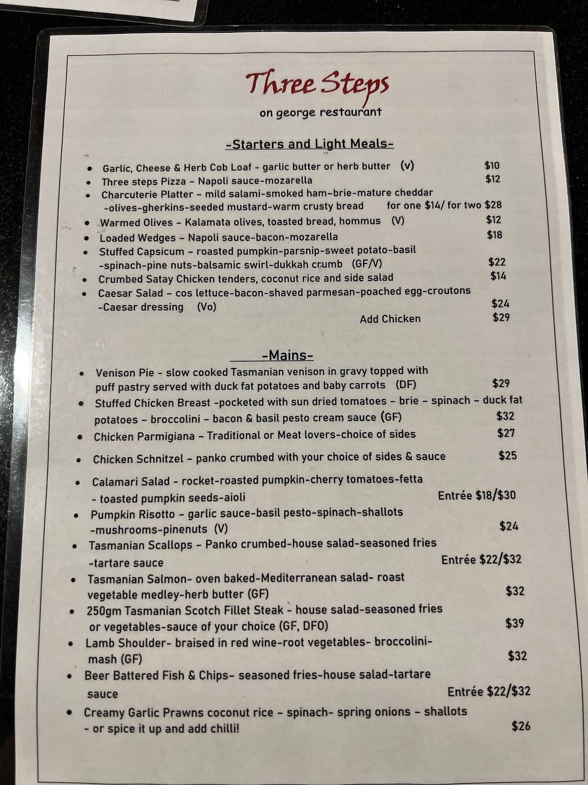 Menu at Three Steps On George restaurant, Launceston