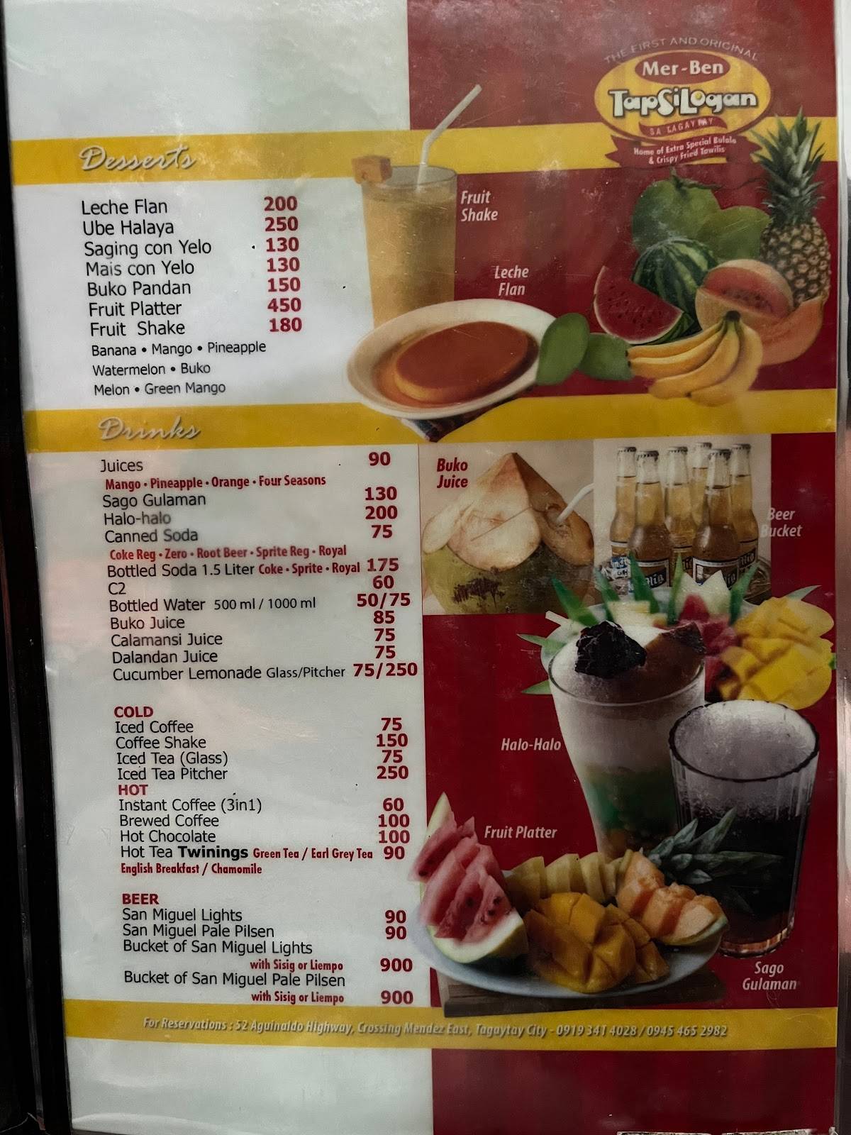 Menu at Mer-Ben Tapsilogan restaurant, Laurel, 53 Emilio Aguinaldo Highway