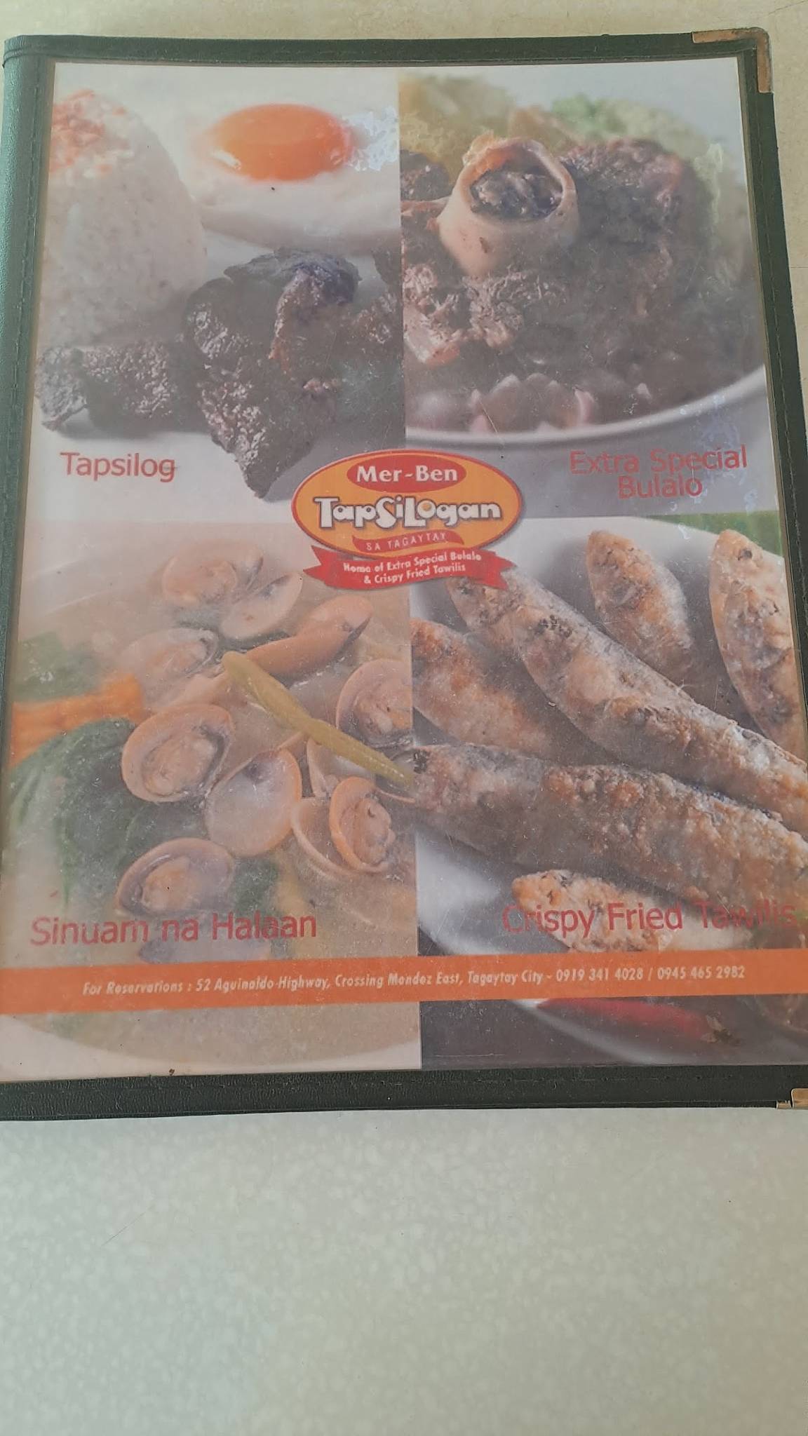 Menu at Mer-Ben Tapsilogan restaurant, Laurel, 53 Emilio Aguinaldo Highway