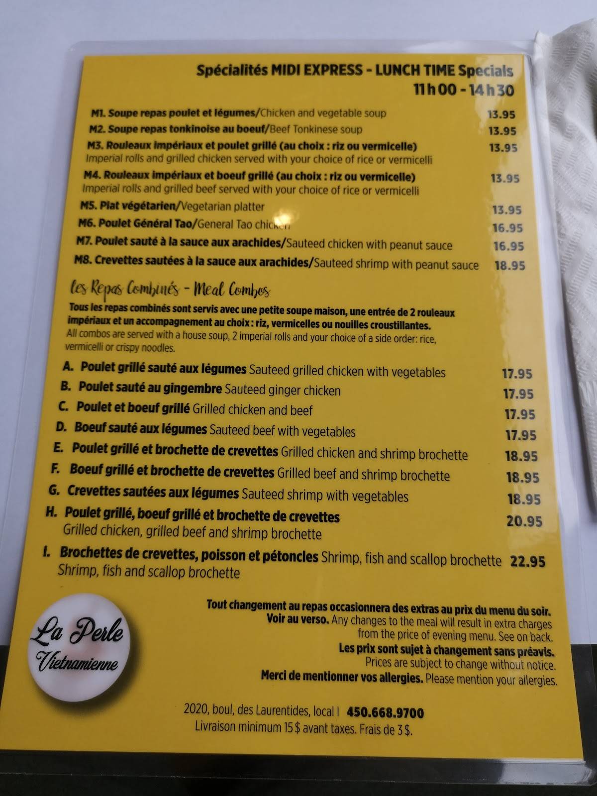 Menu au La Perle Vietnamienne restaurant, Laval, Boulevard des Laurentides