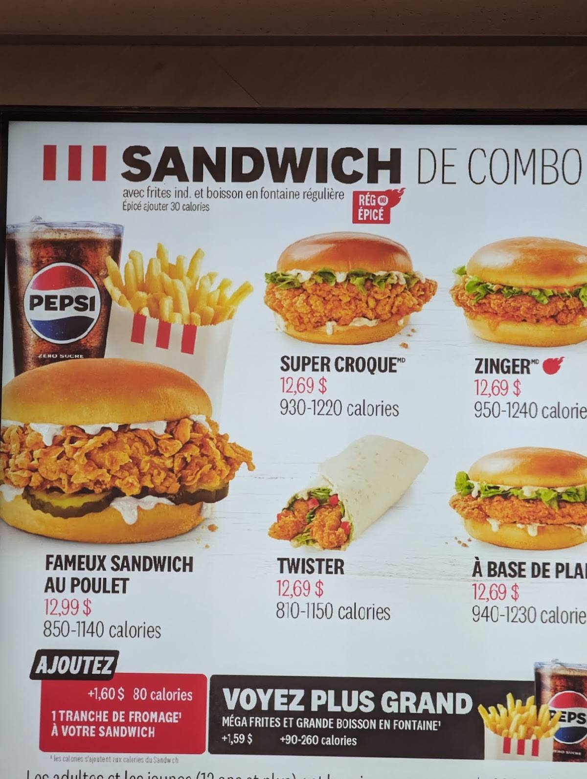 Menu at PFK restaurant, Laval, Boulevard des Laurentides