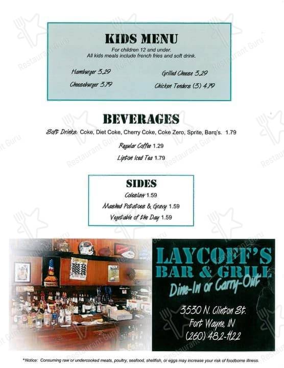 Menu at Laycoff's Tavern pub & bar, Fort Wayne
