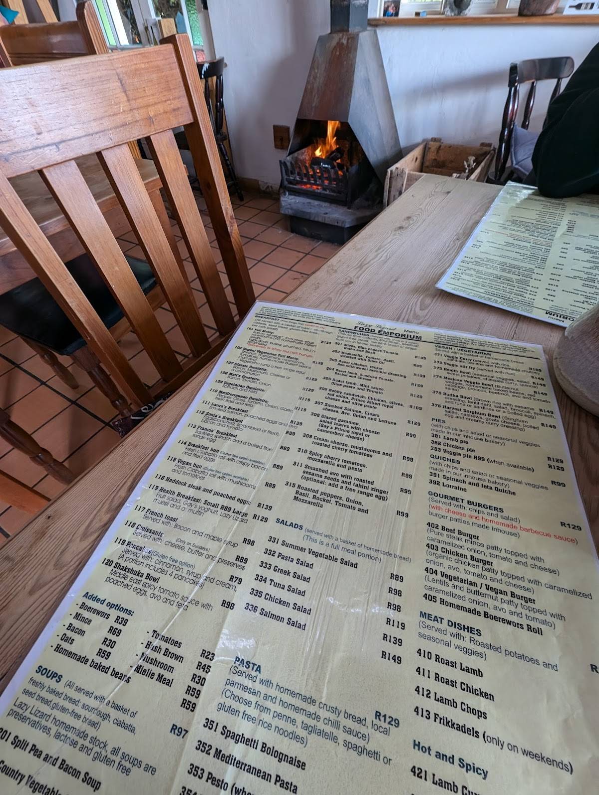 Menu at Lazy Lizard restaurant, Prince Albert