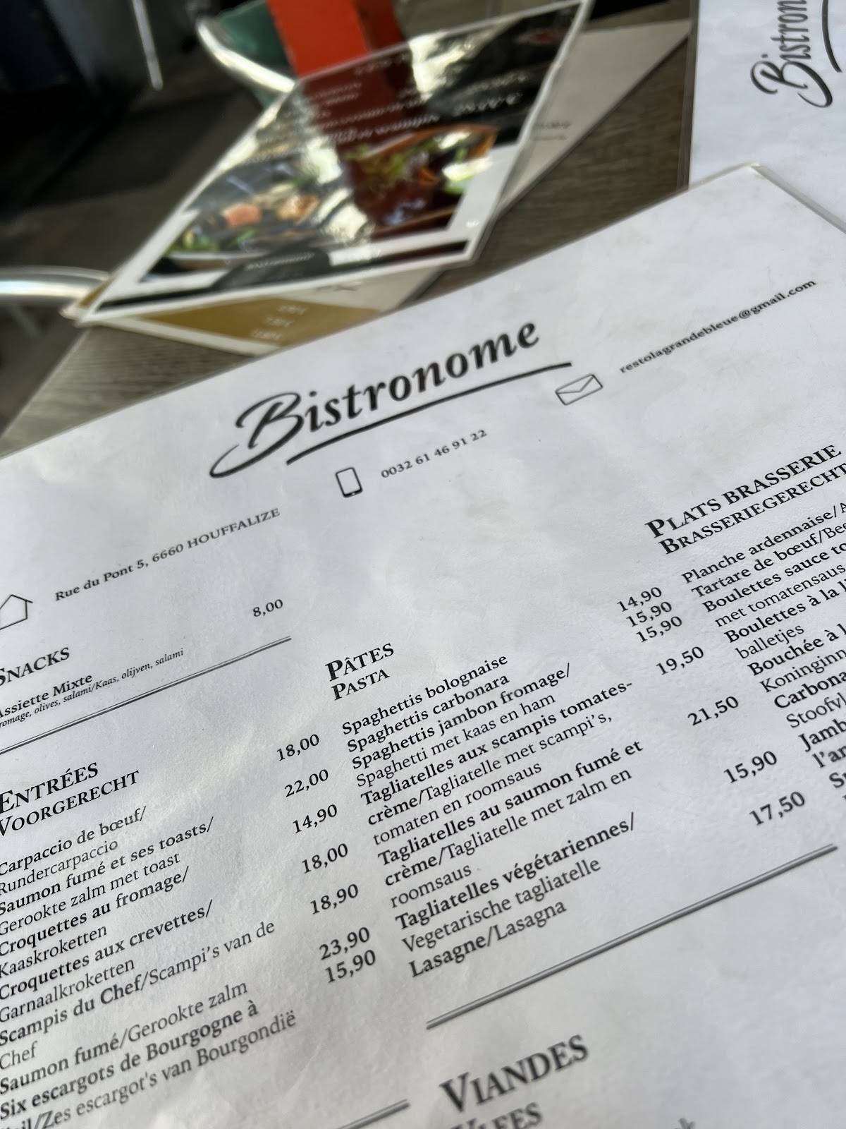 Menu au Le Bistronome restaurant, Houffalize