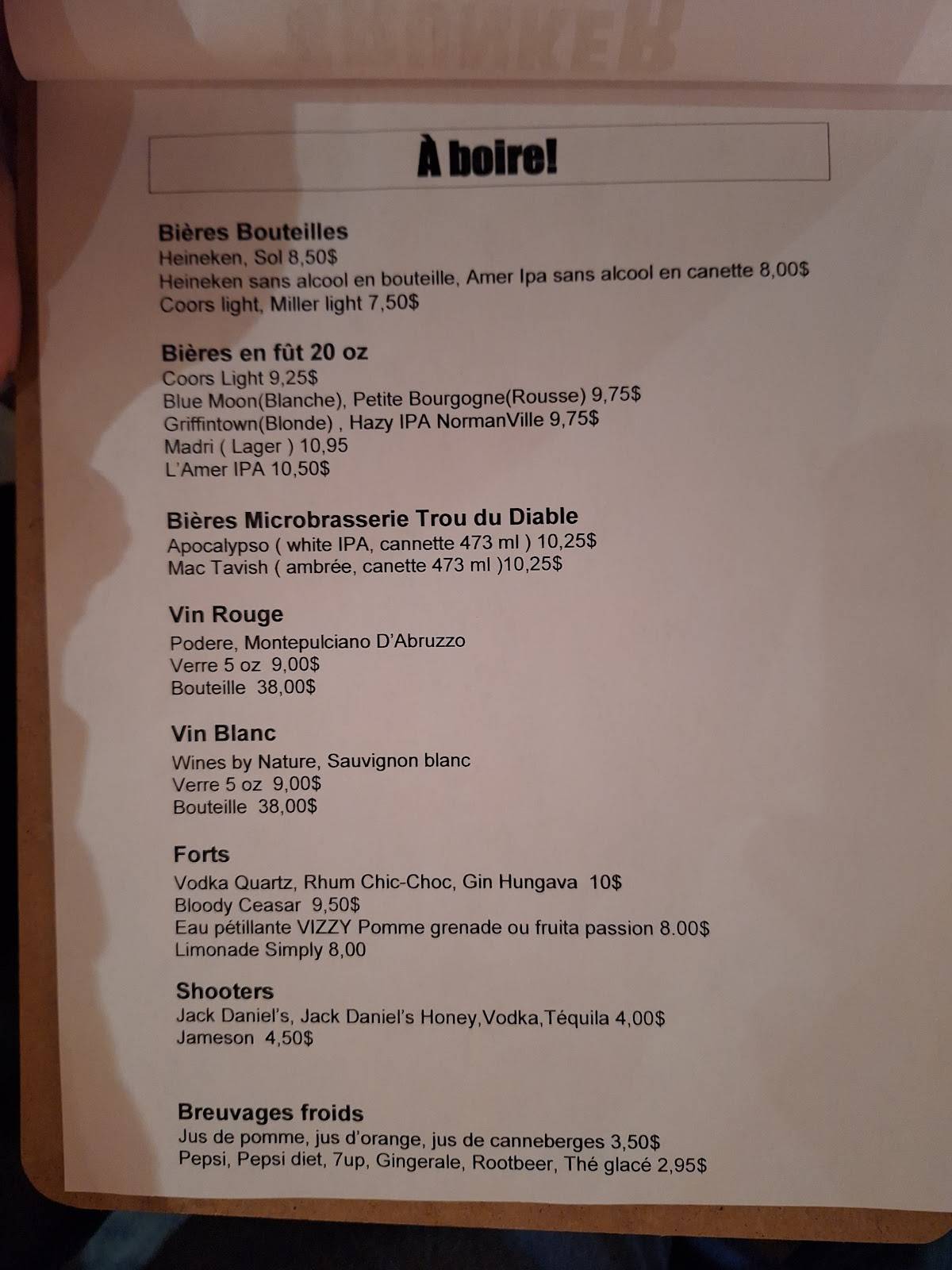 Menu au Le Bunker restaurant, Eastman