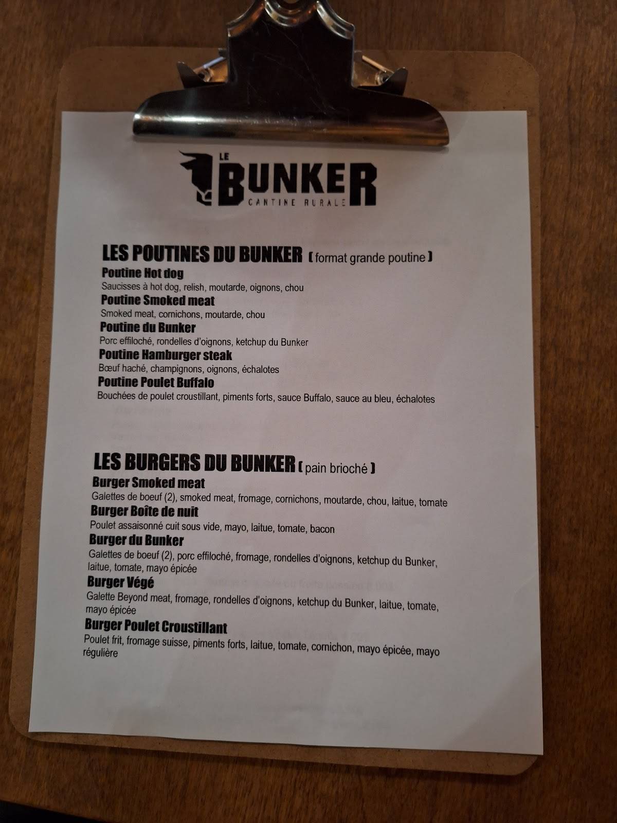 Menu au Le Bunker restaurant, Eastman