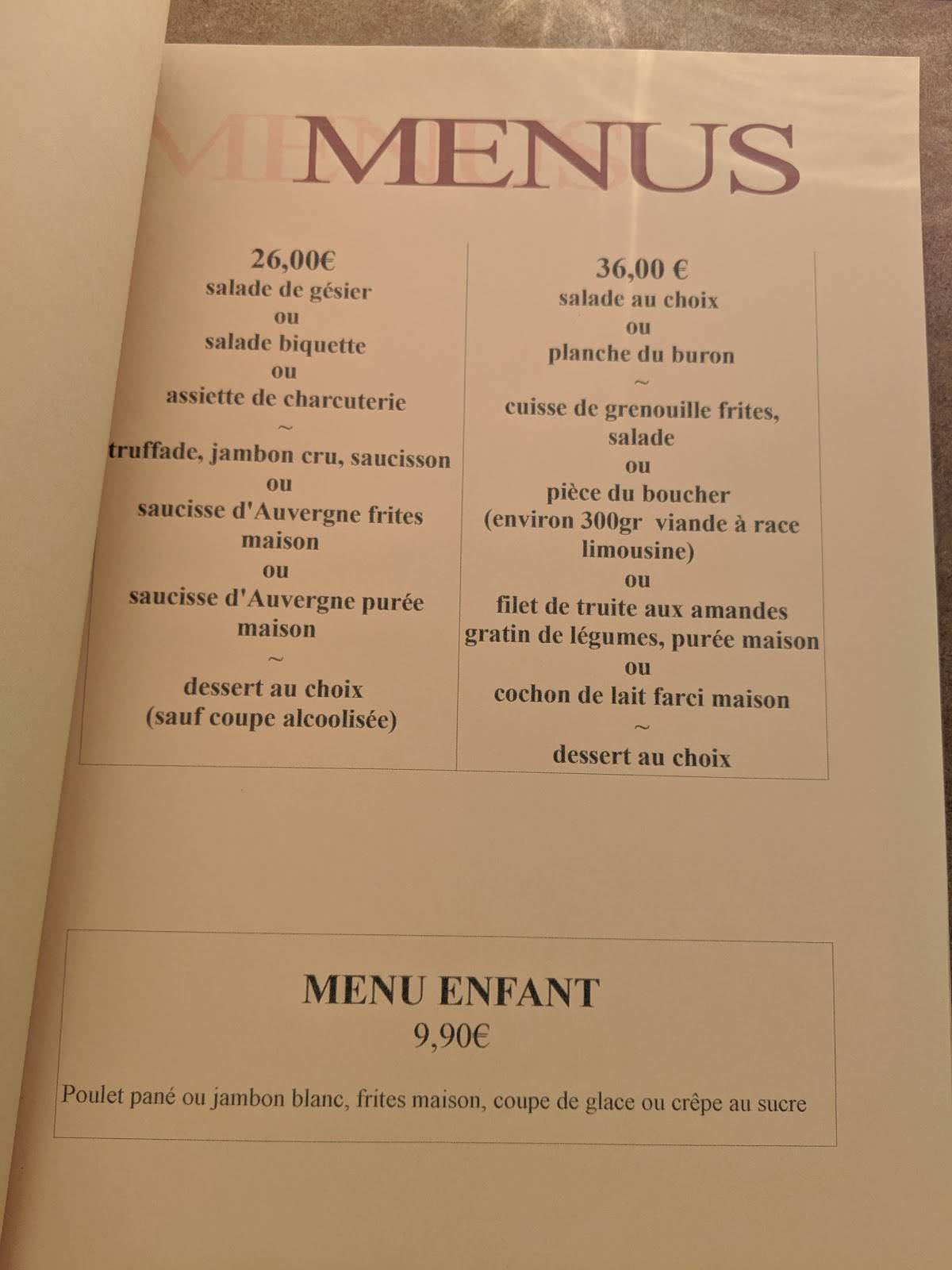 Menu au Le Buron de Chaudefour restaurant, Chambon-sur-Lac, Chaudefour