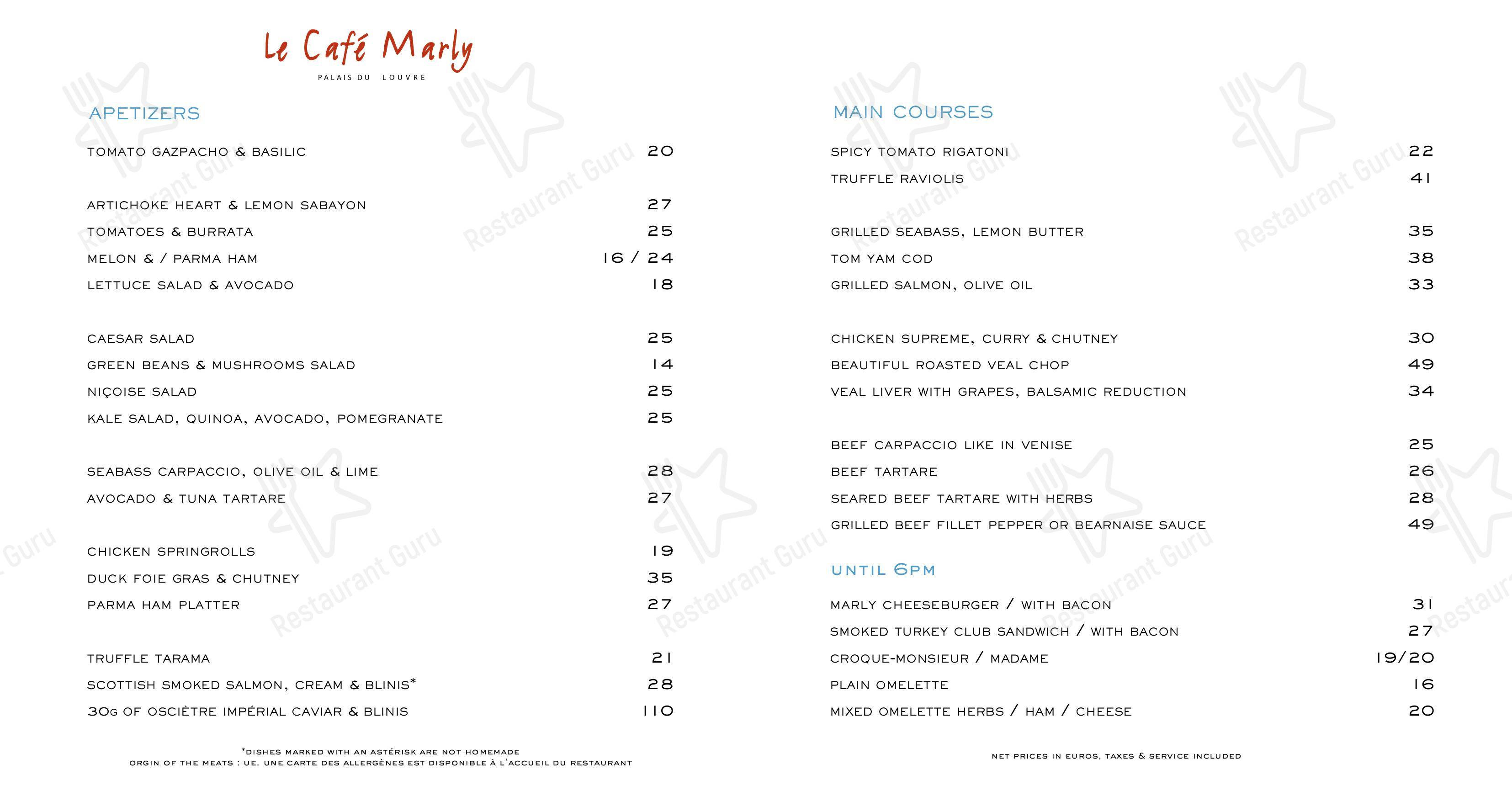 Menu at Le Café Marly, Paris, 93 Rue de Rivoli