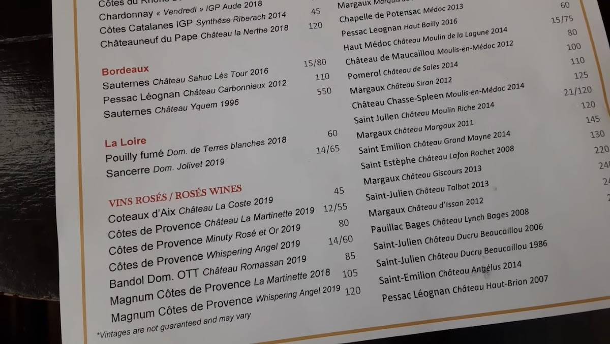 Menu at Le Café Marly, Paris, 93 Rue de Rivoli