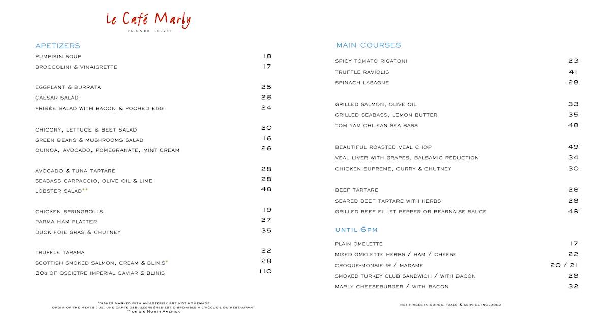Menu at Le Café Marly, Paris, 93 Rue de Rivoli