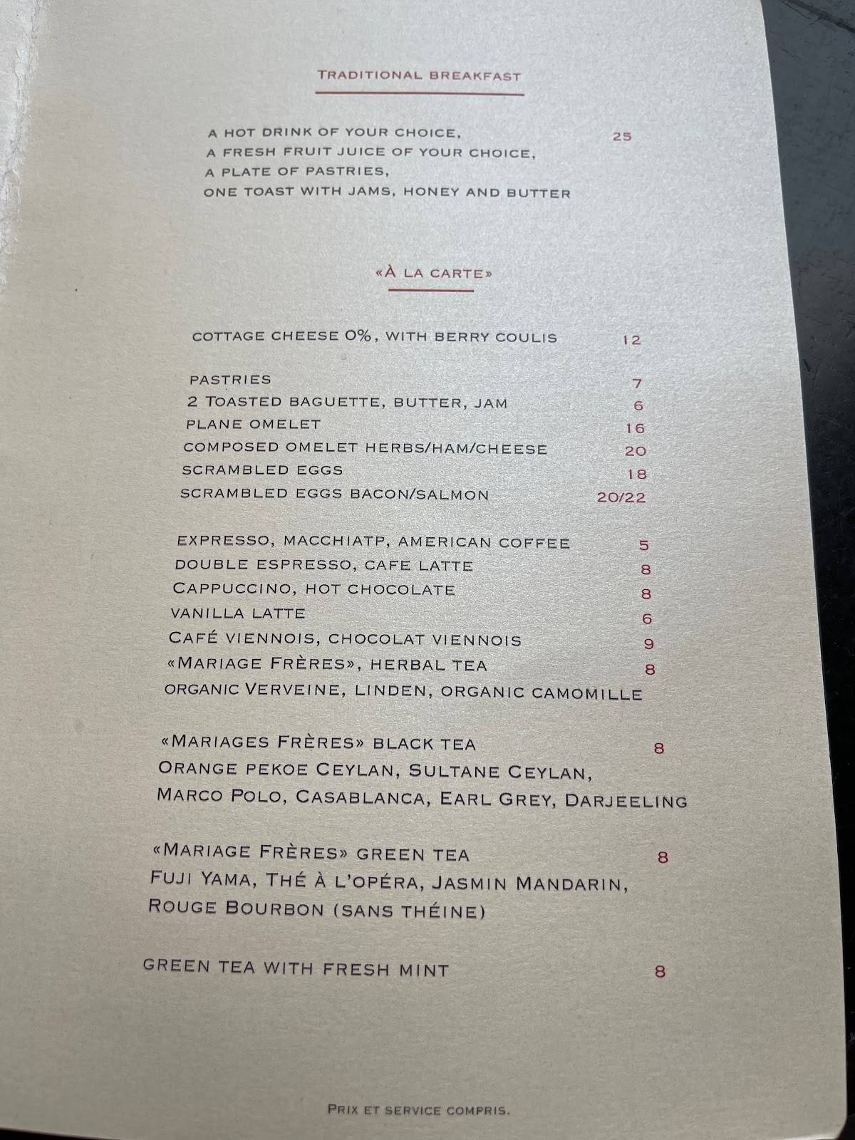 Menu at Le Café Marly, Paris, 93 Rue de Rivoli