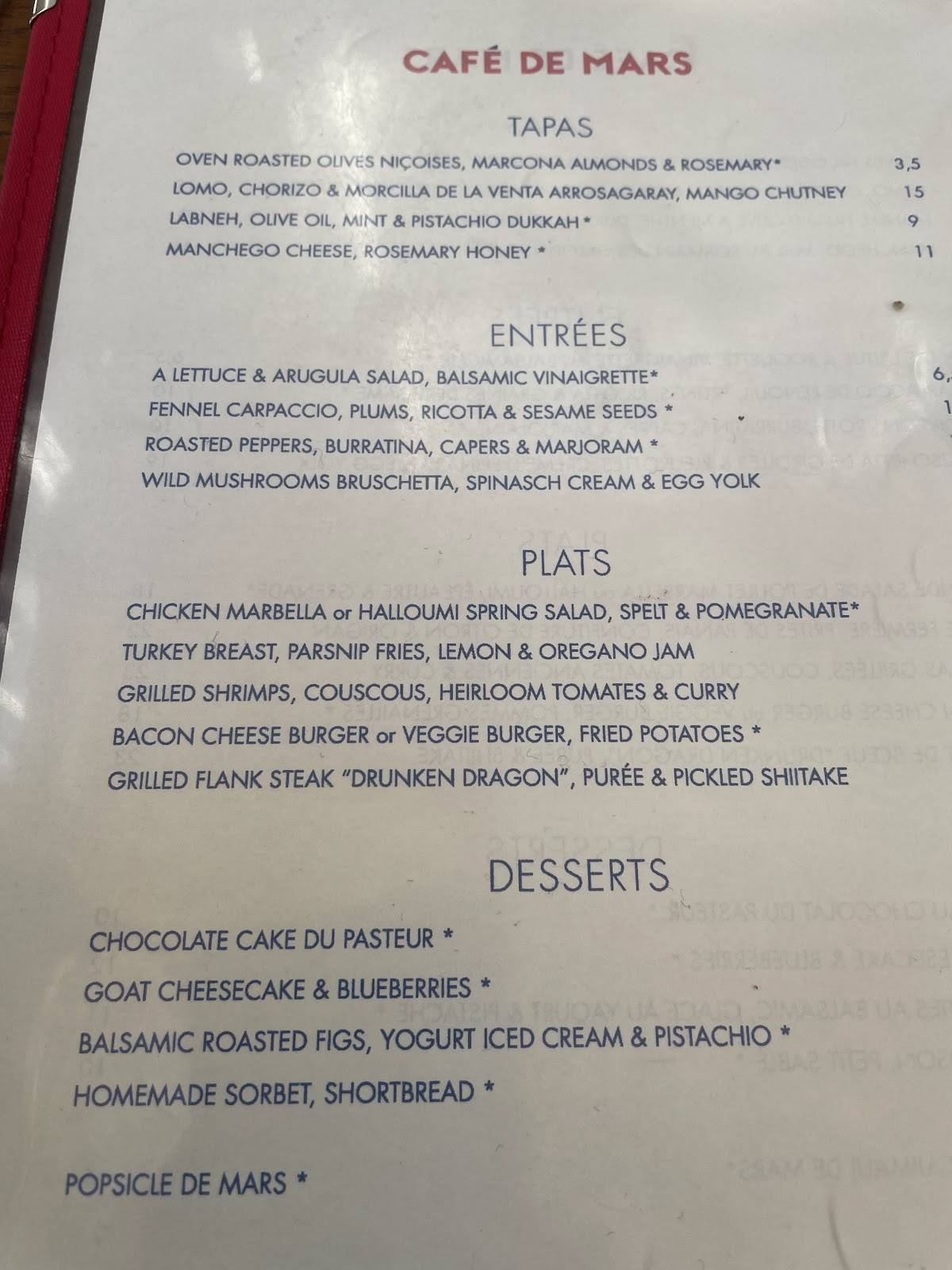 Menu at Le Café de Mars, Paris, 11 Rue Augereau