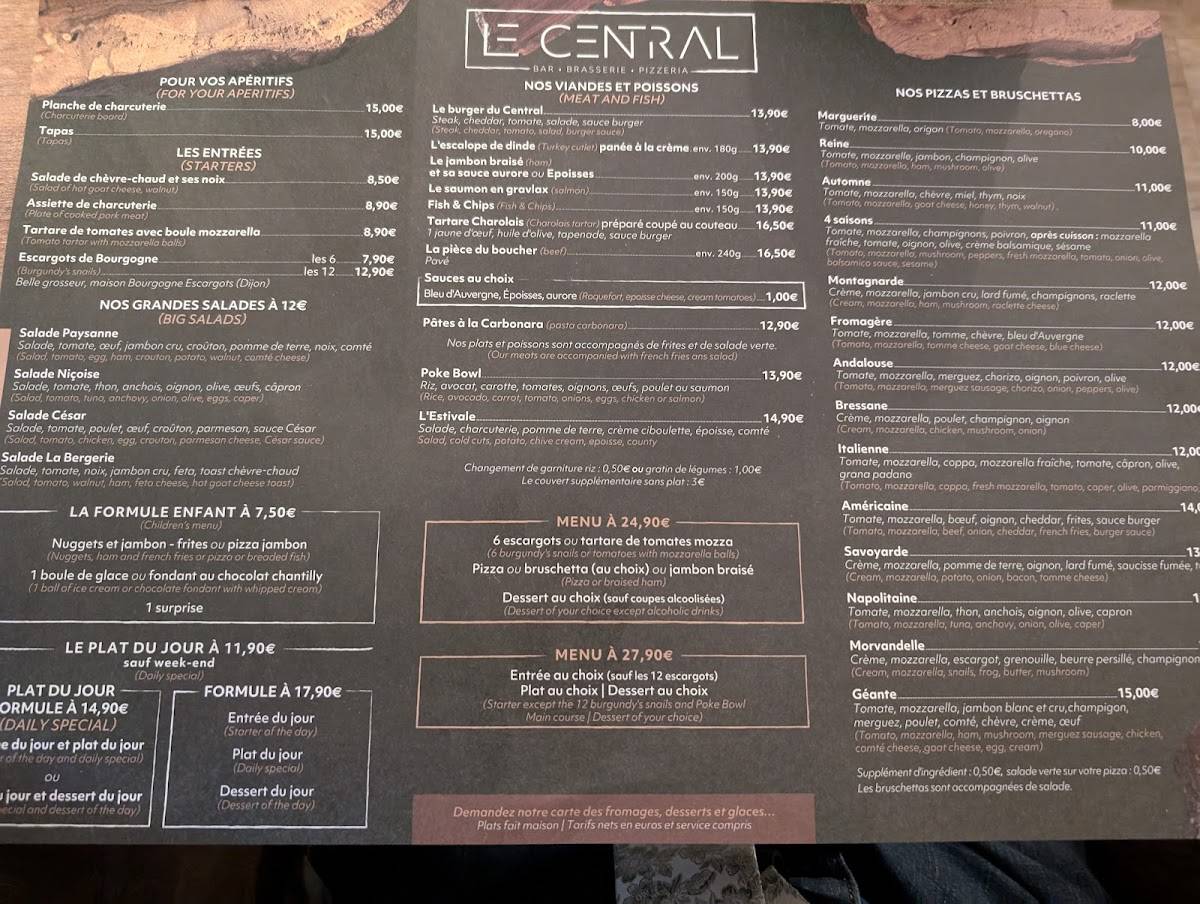 Menu au Le Central restaurant, Autun