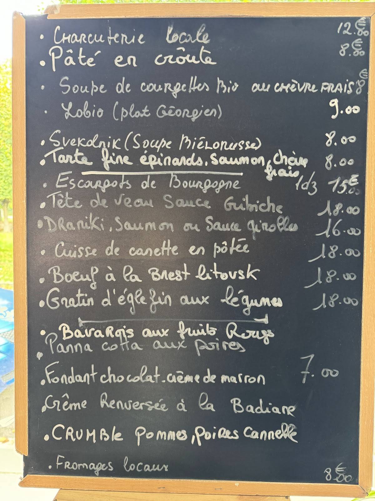 Menu au Le Chat qui rêve restaurant, Tonnerre