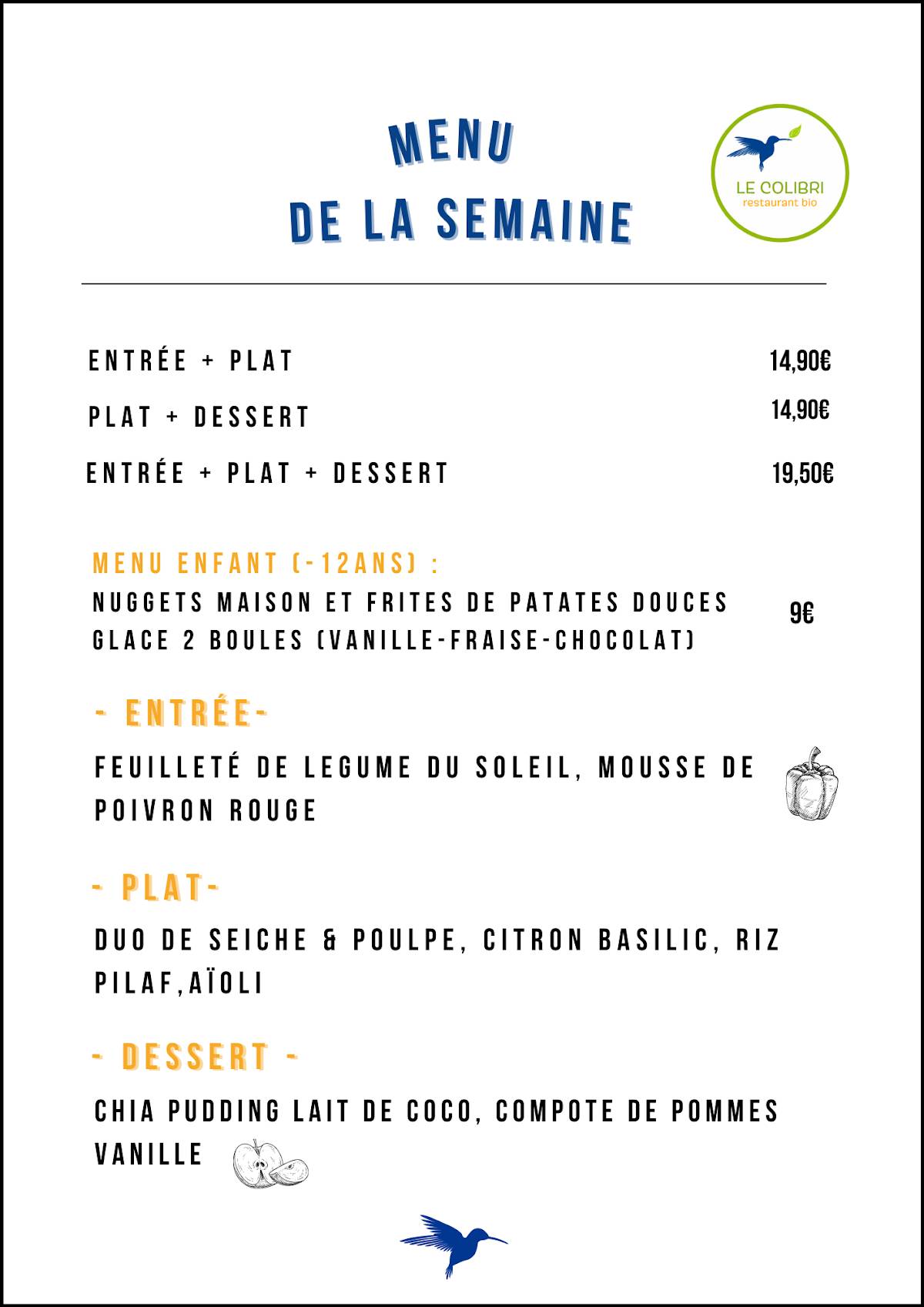 Carta de Le Colibri Restaurant bio Narbonne, Narbona