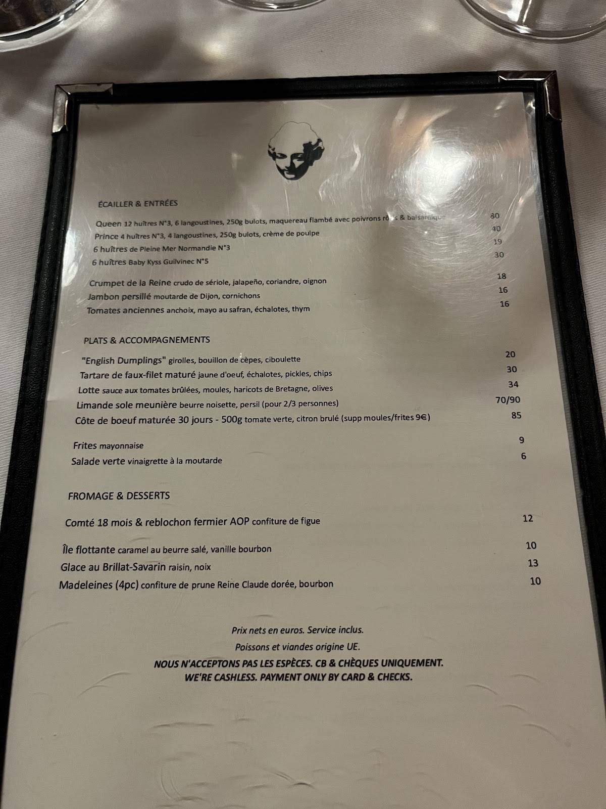 Menu au Le Collier de la Reine restaurant, Paris