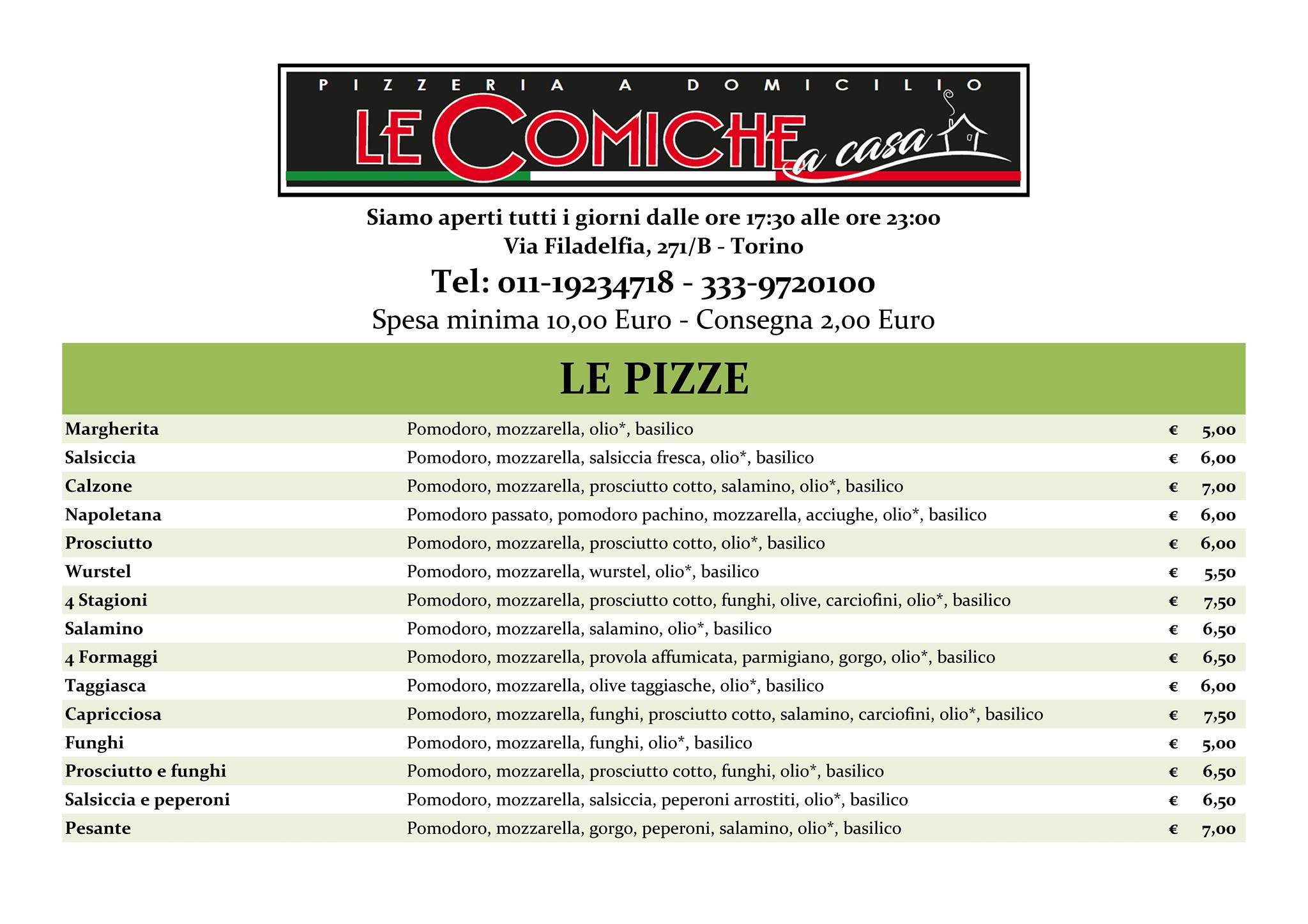 Menu da Le Comiche a casa pizzeria, Torino