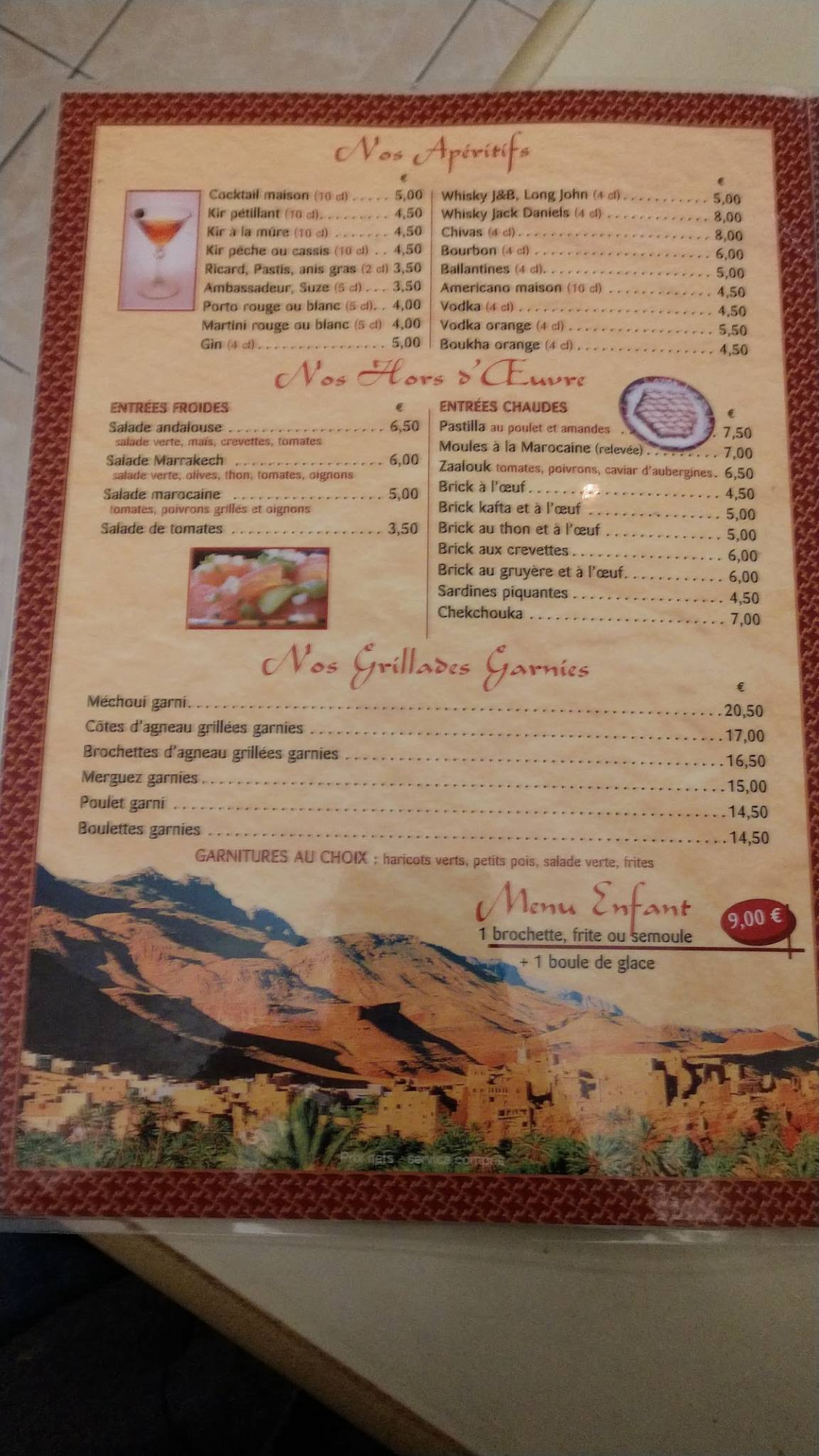 Carta del restaurante Le Marrakech, Clamart