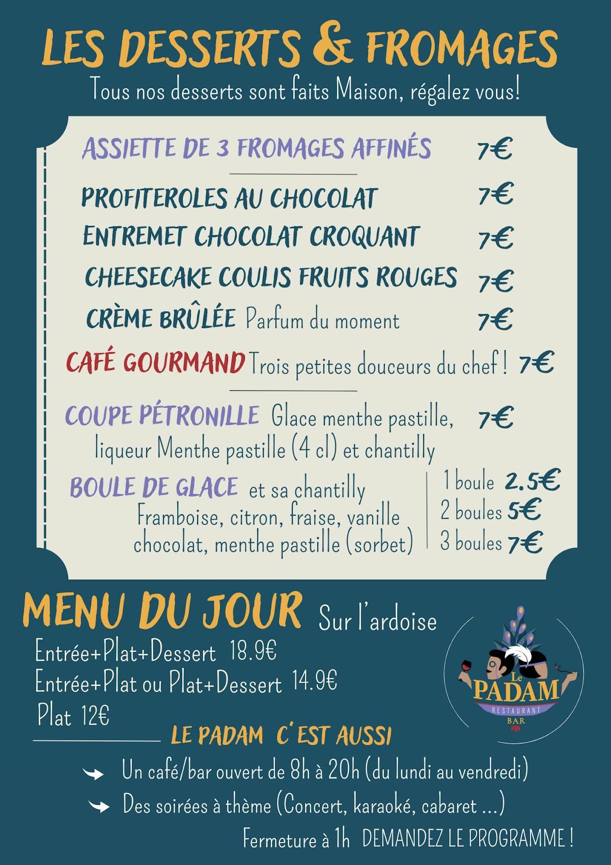 Menu au Le Padam restaurant, Liffré