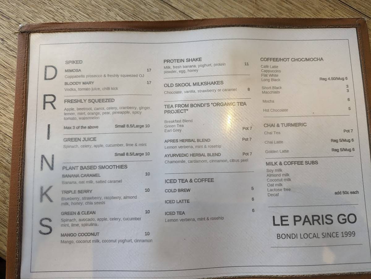 Menu at Le Paris-Go Café cafe, Bondi Beach