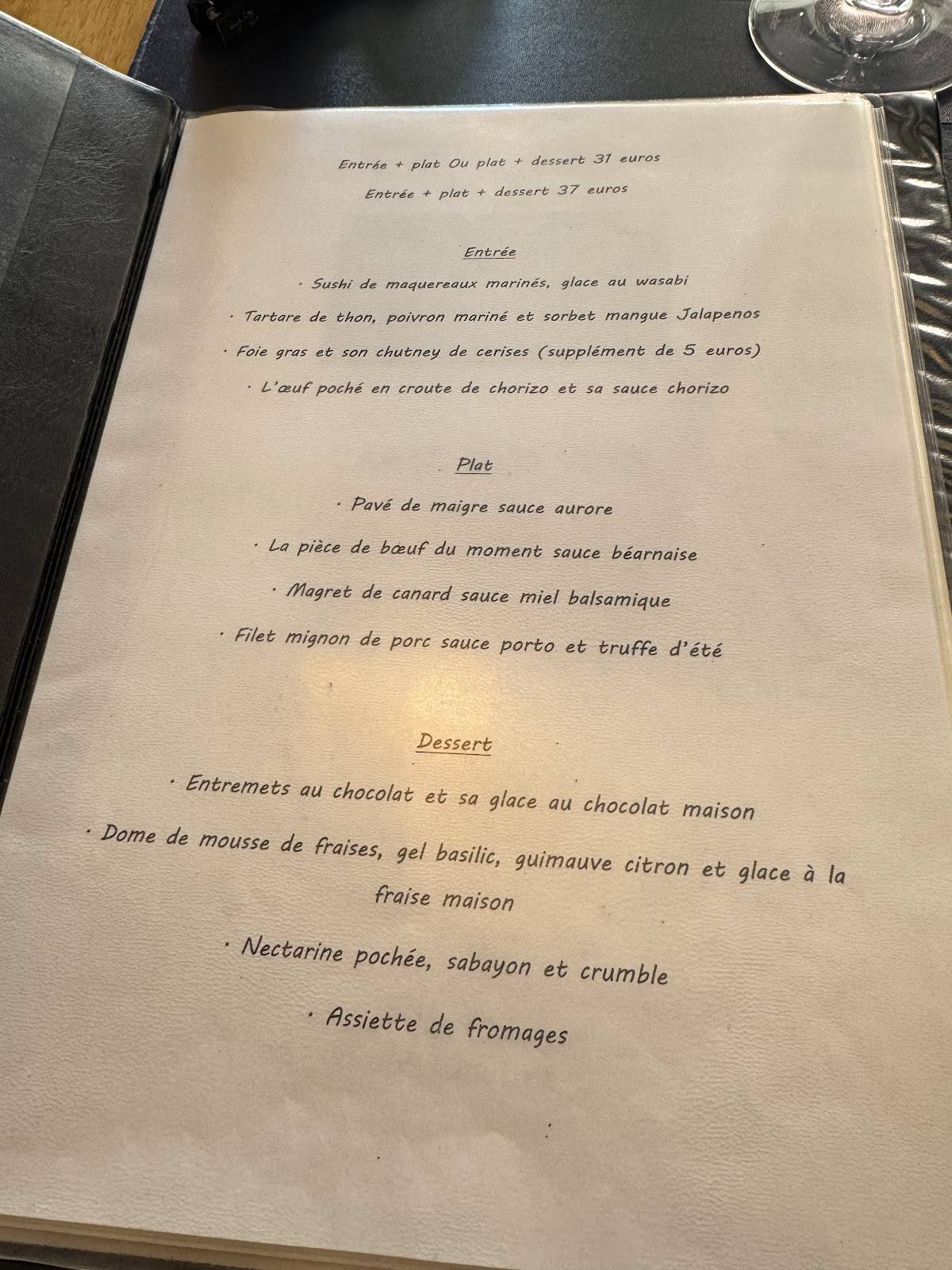 Menu au Le Petit Prince restaurant, Chartres