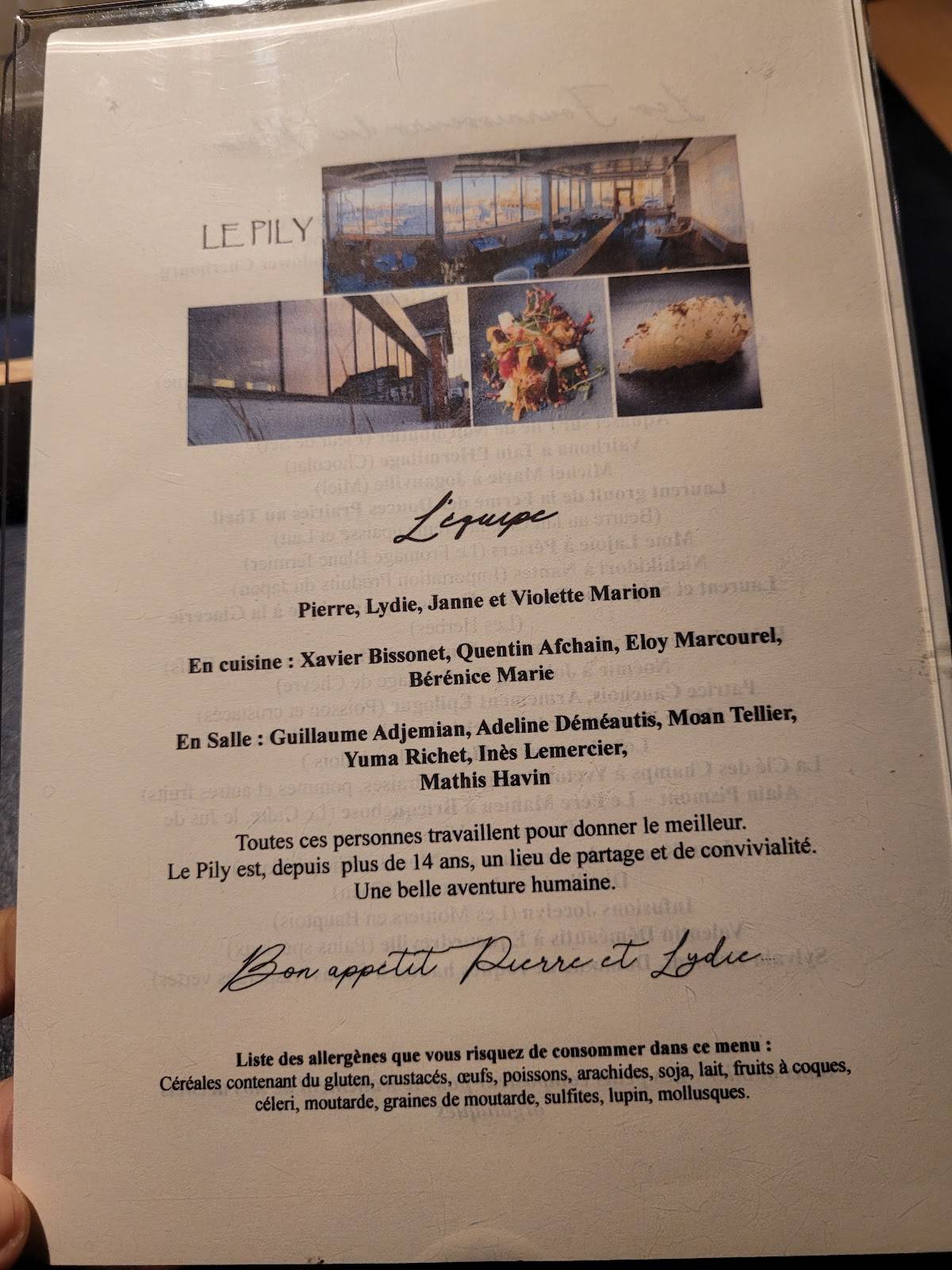 Menu at Le Pily restaurant, Cherbourg