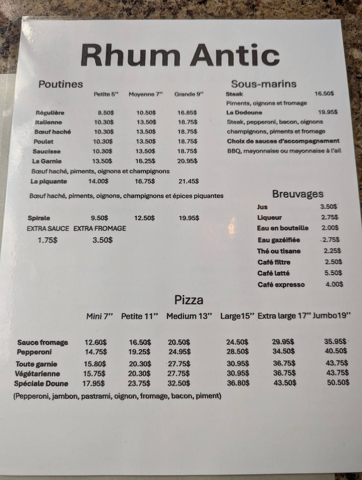 Menu au le Rhum Antic restaurant, Bonsecours
