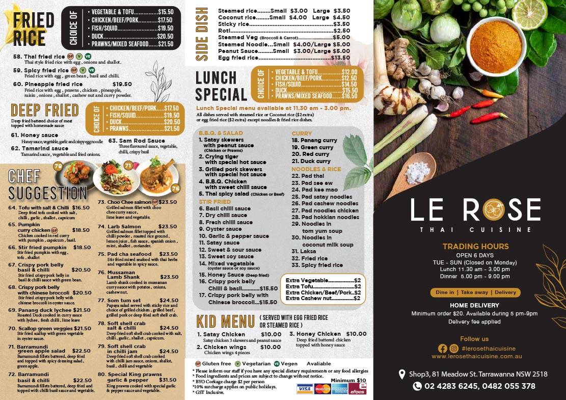 Menu at Le Rose Thai Cuisine restaurant, Tarrawanna