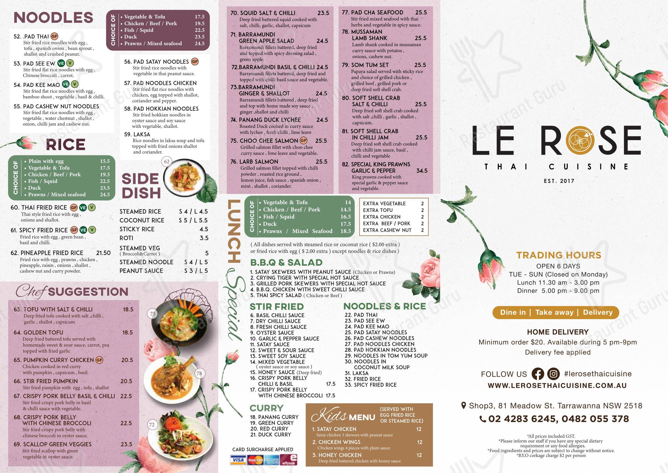 Menu at Le Rose Thai Cuisine restaurant, Tarrawanna