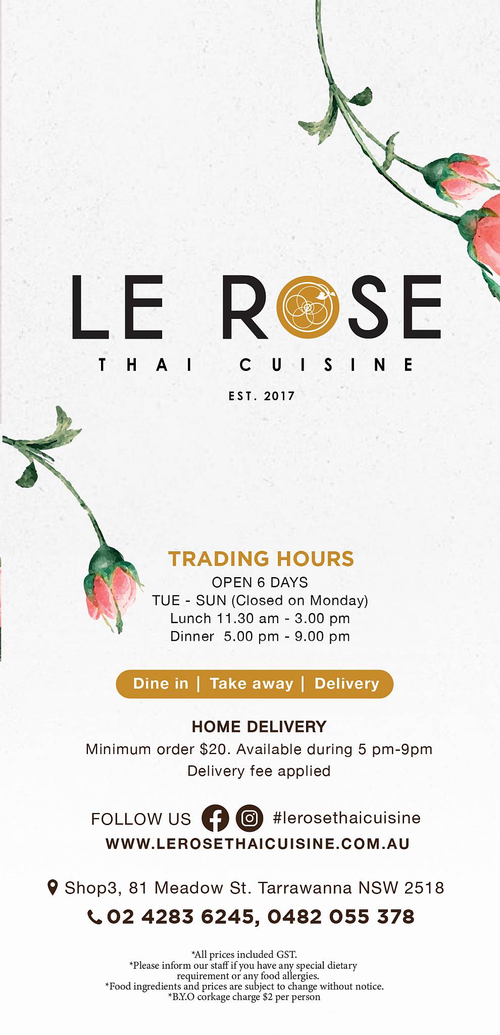 Menu at Le Rose Thai Cuisine restaurant, Tarrawanna
