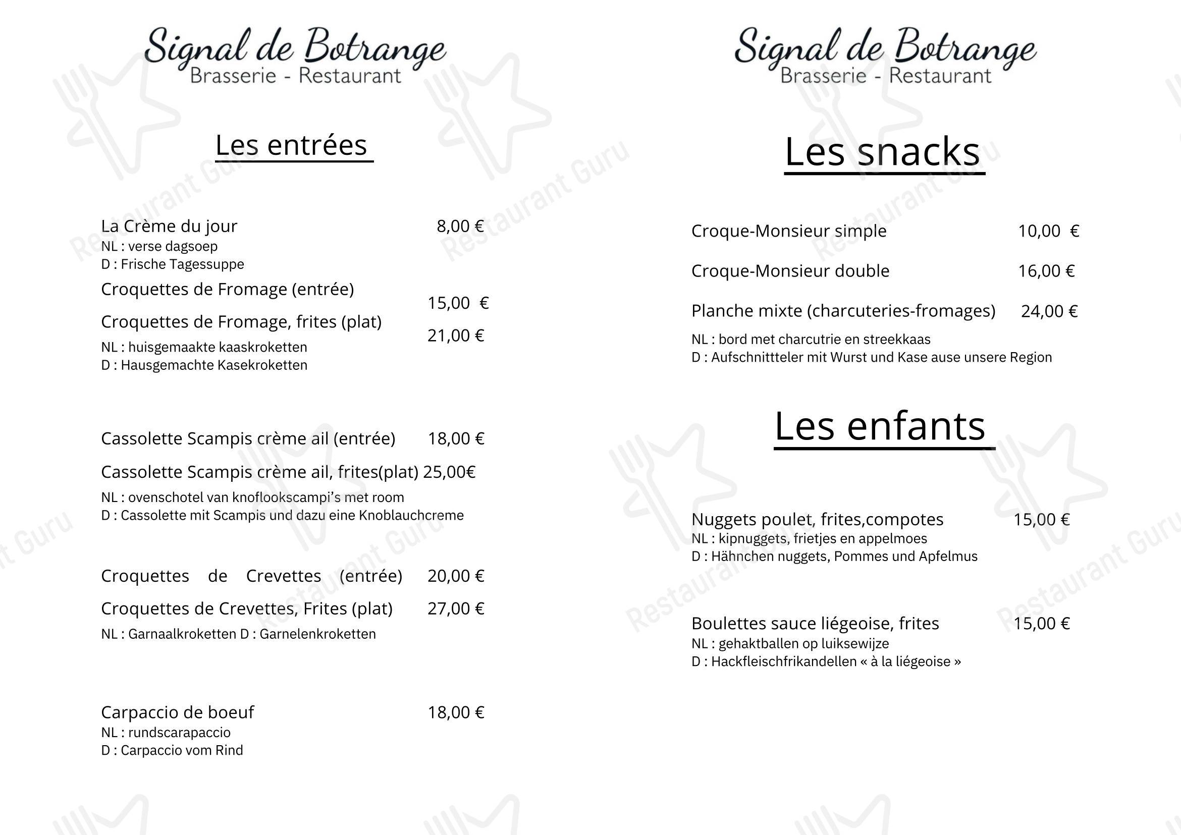 Menu au Le Signal de Botrange restaurant, Waimes