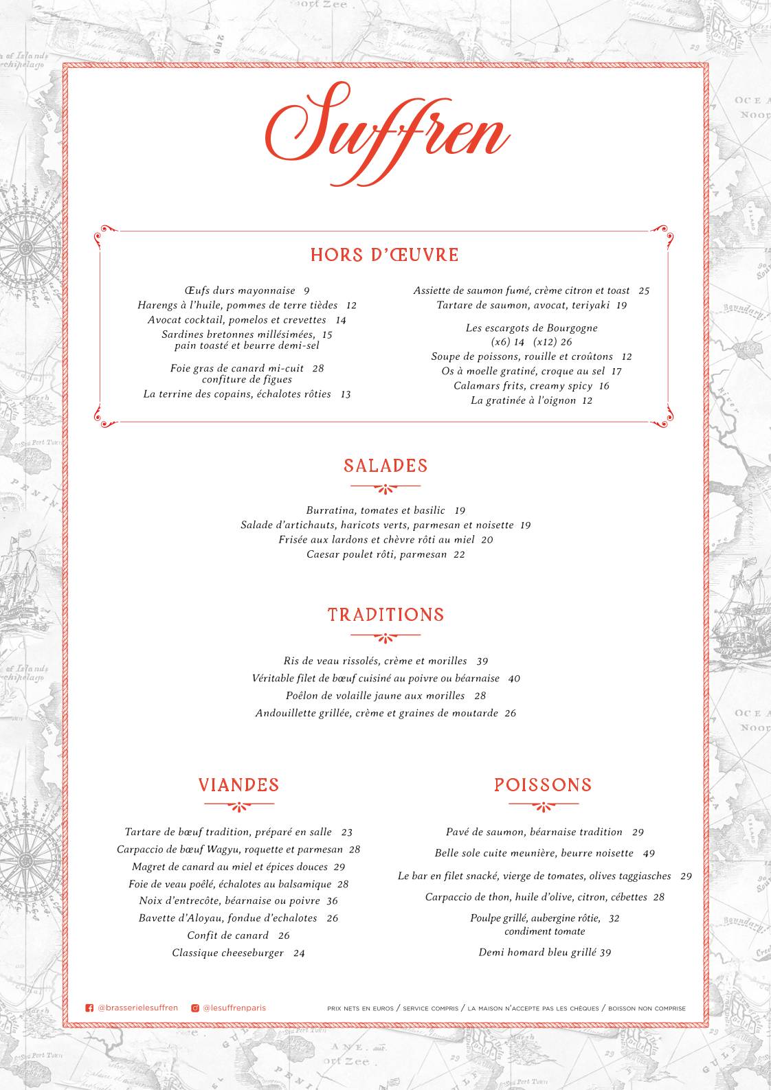 Menu at Le Suffren restaurant, Paris