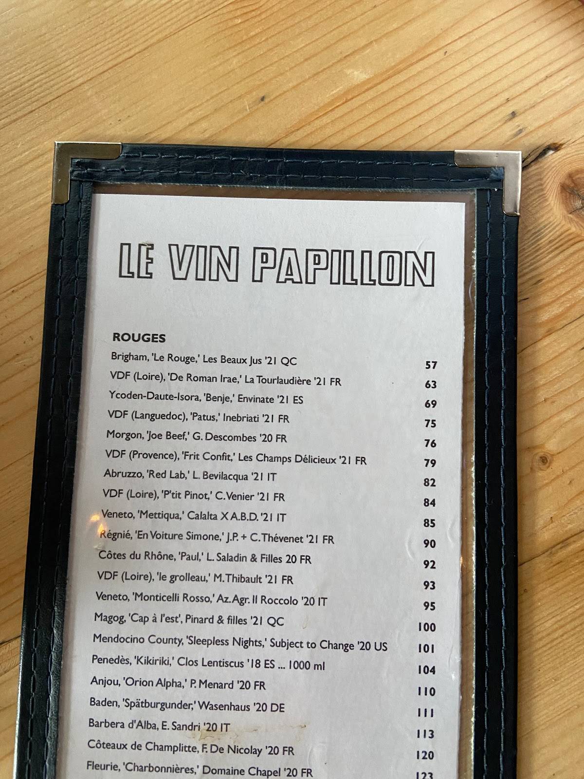 Menu at Le Vin Papillon pub & bar, Montréal, Notre-Dame St W