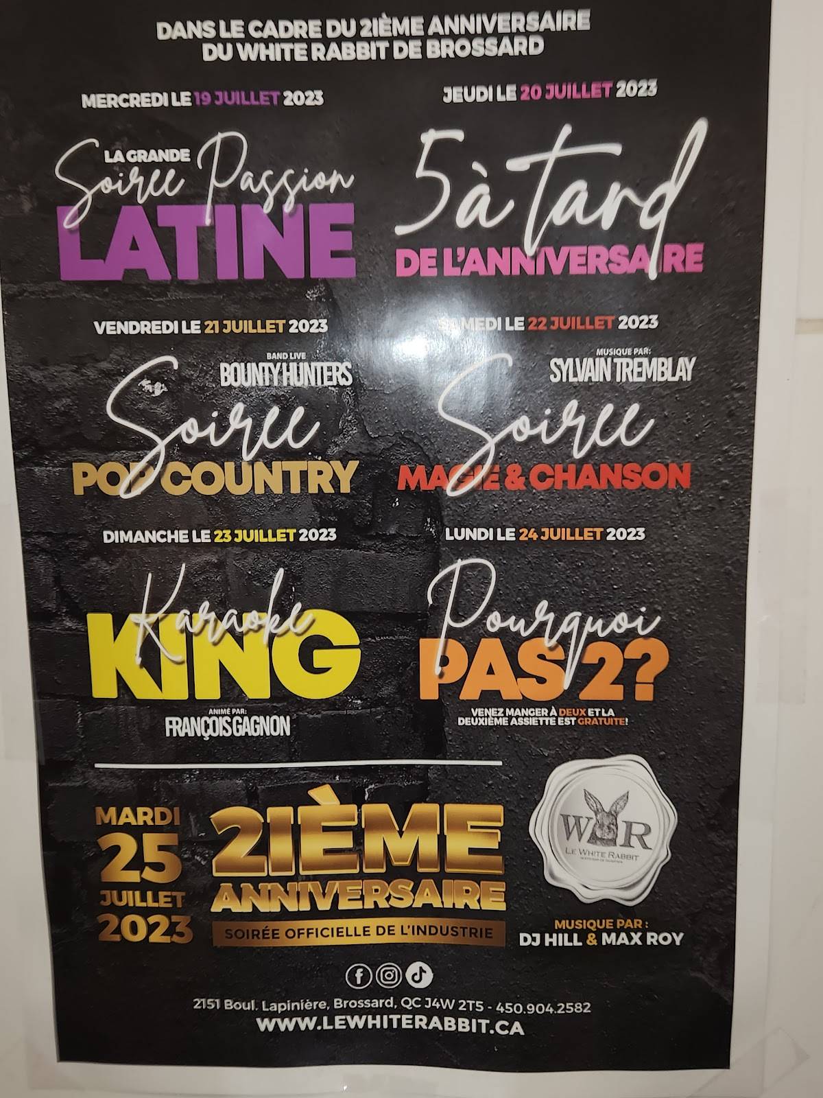 Menu au Le White Rabbit pub et bar, Brossard, Boul. Lapinière
