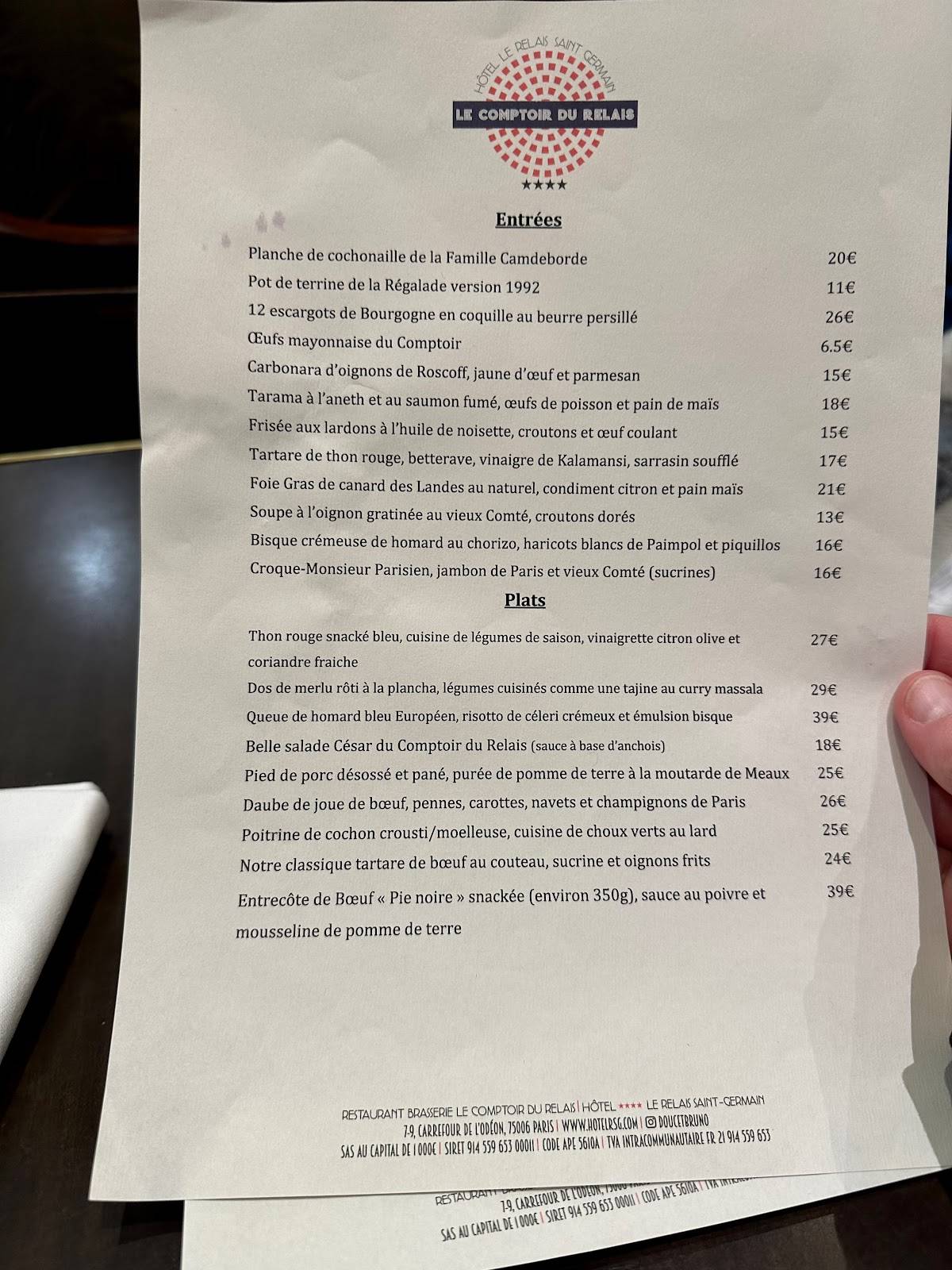 Menu at Le comptoir du Relais cafe, Paris, 9 Carr de l'Odéon