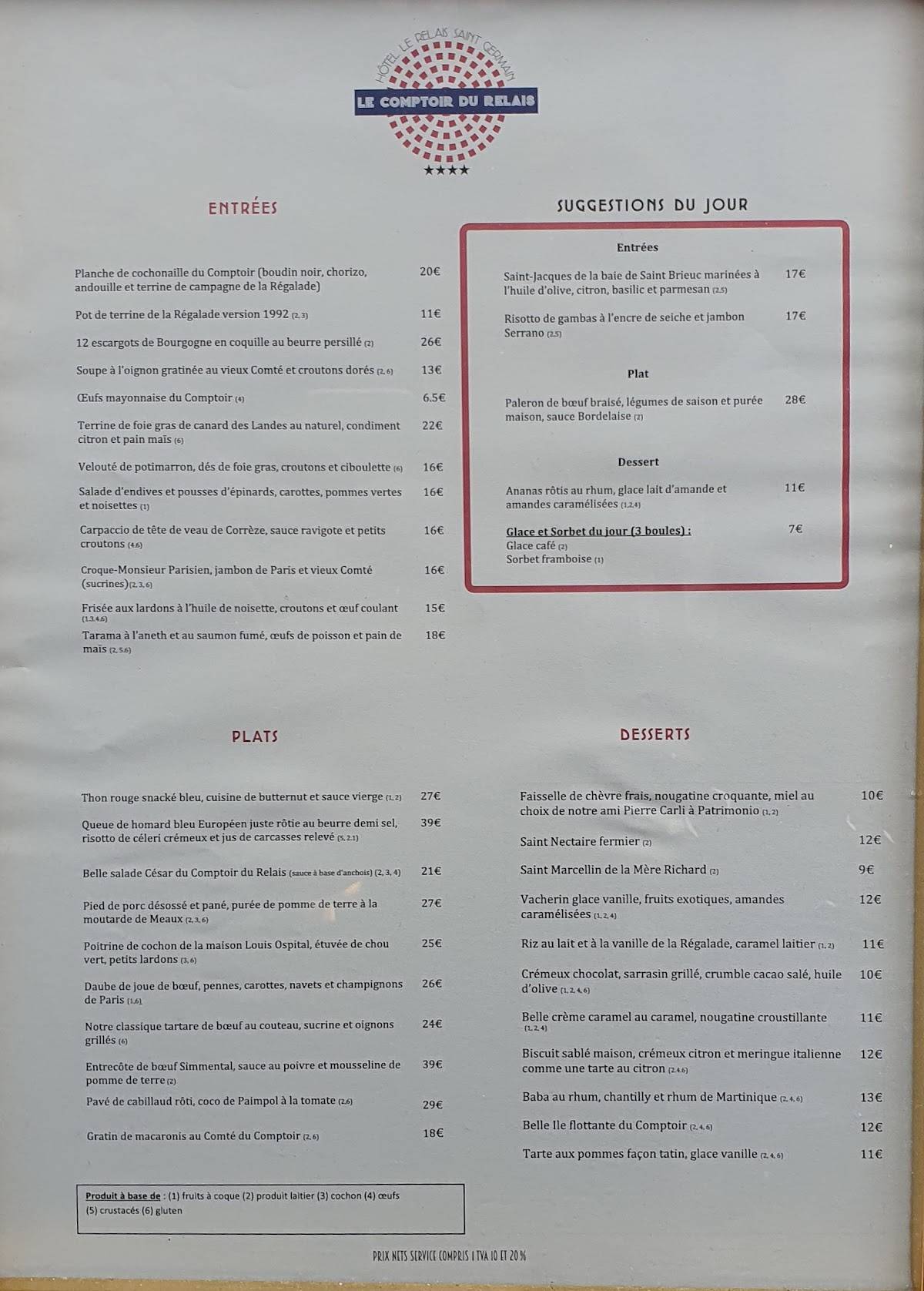 Menu at Le comptoir du Relais restaurant, Paris, 9 Carr de l'Odéon