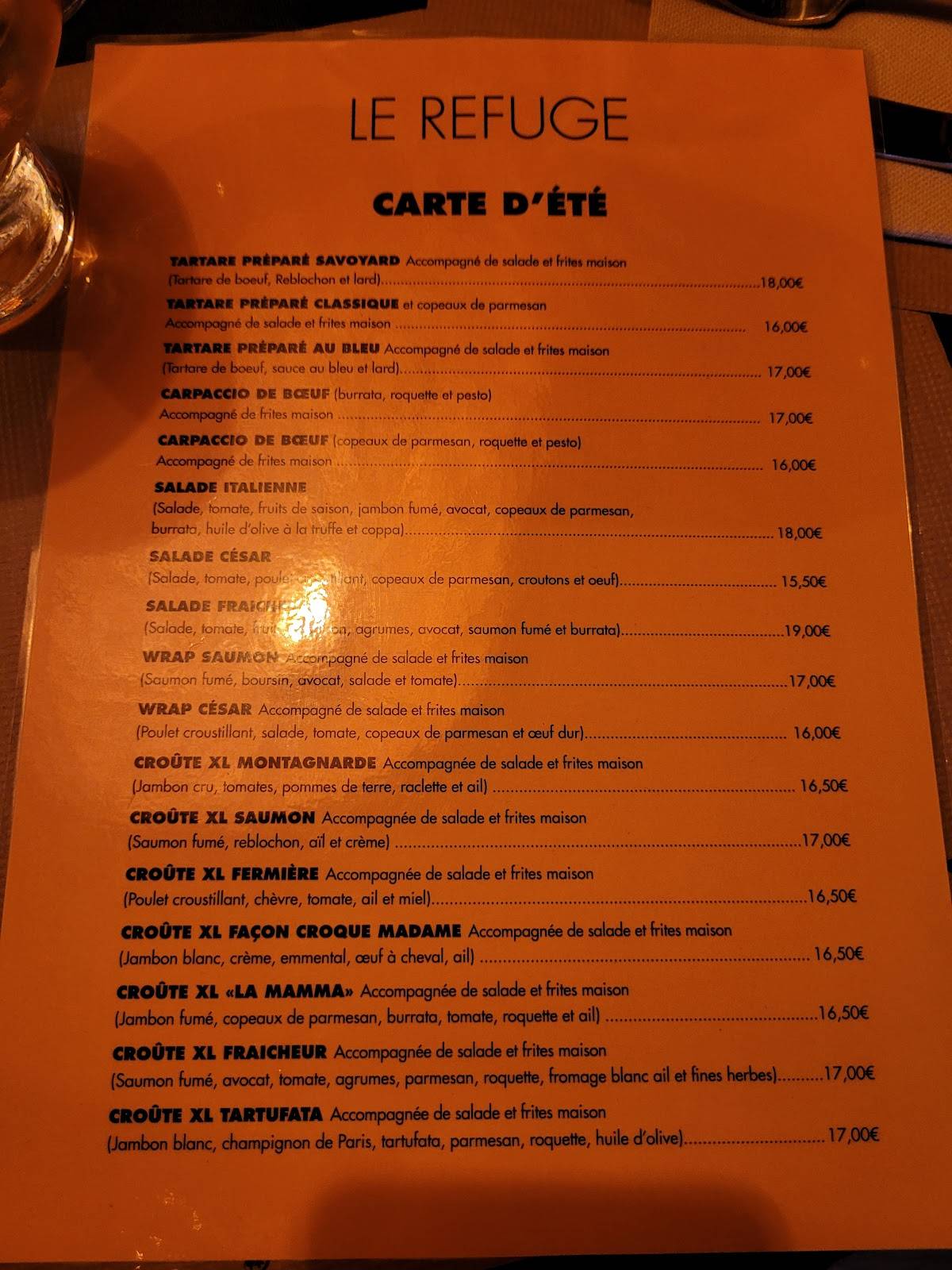 Menu au Le refuge restaurant, Frouard