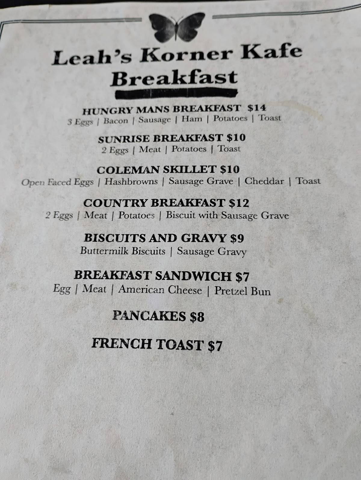 Menu at Leah's Korner Kafe restaurant, Coleman